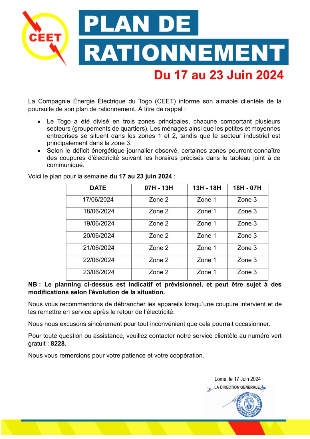 CEET : Plan de rationnement du 17 au 23 Juin 2024 | AFRIKAHABARI
