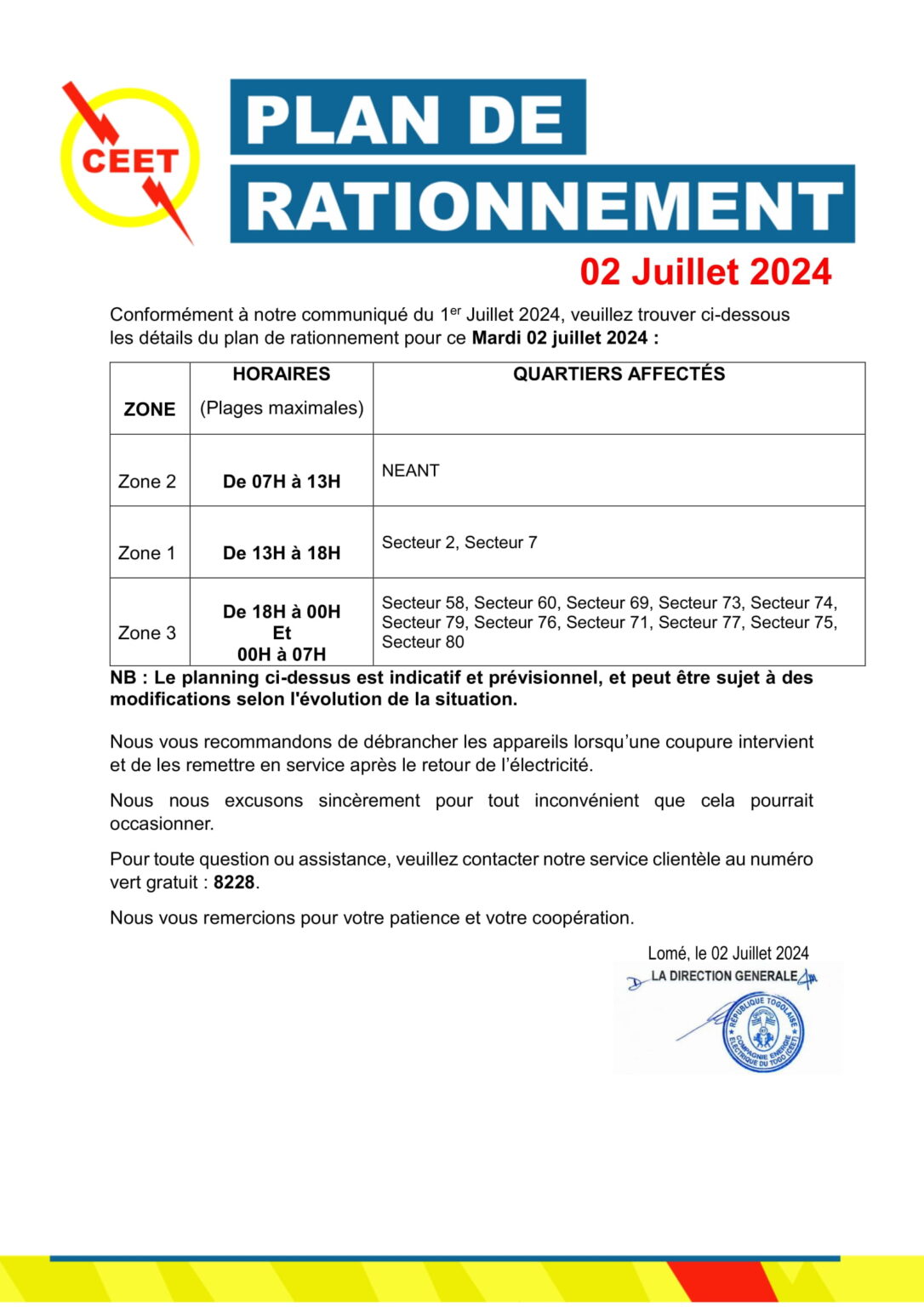 CEET : Plan de rationnement du 02 juillet 2024 | afrikahabari